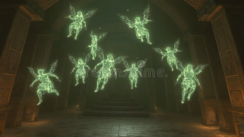 A Group of Ethereal Figures with Wings Hover in a Dimly Lit Ancient ...