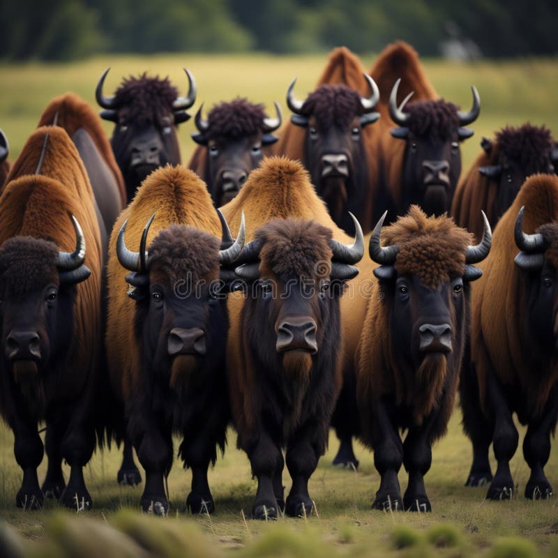 Group of European Bison, Bison Bonasus in the Meadow. Generative Ai ...