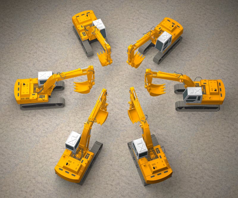 Group Excavator Top View 3d Rendering Stock Illustration - Illustration ...