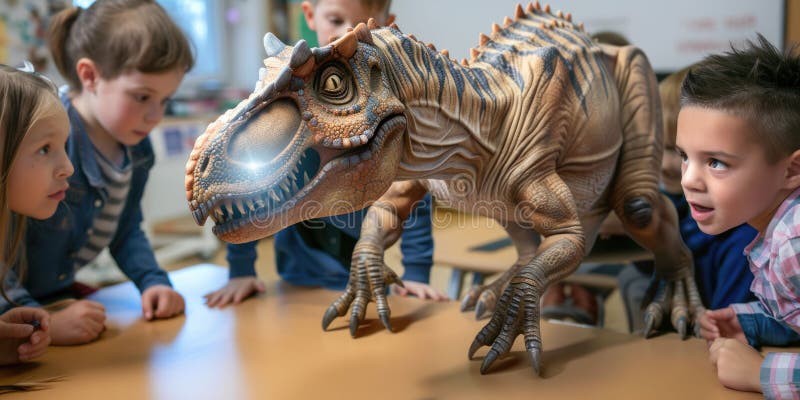 Excited Elementary Student Studying and Looking at Dinosaur at ...