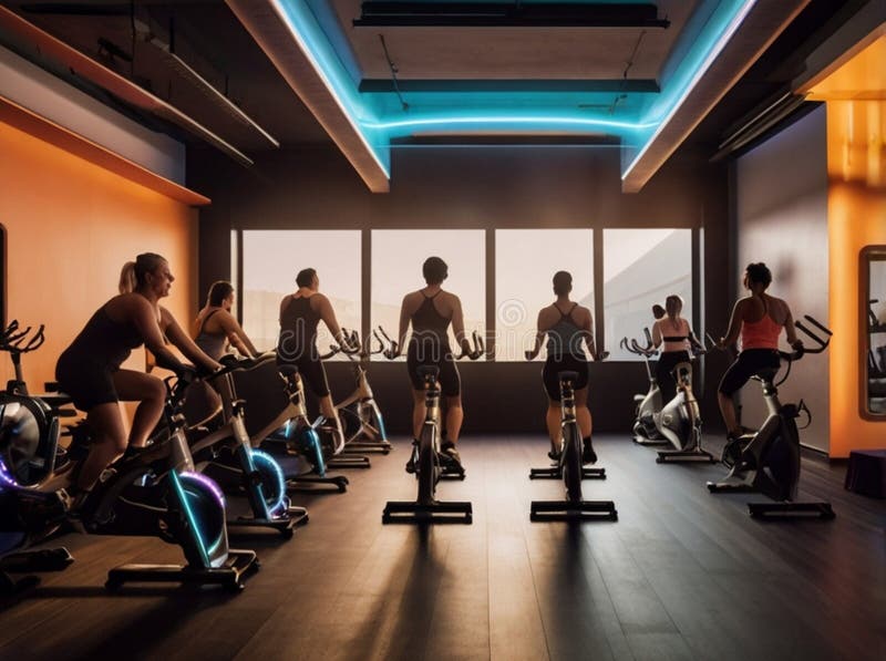Group Exercise Class in Modern Spin Studio Stock Illustration ...