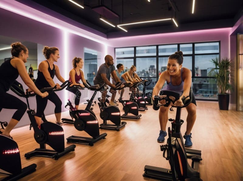 Group Exercise Class in Modern Spin Studio Stock Illustration ...