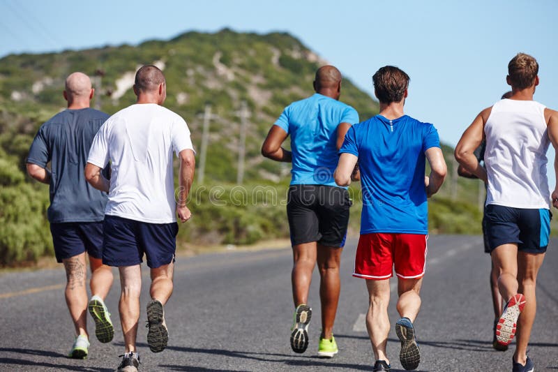 Group, Exercise and Men with Running in Road for Marathon Workout ...