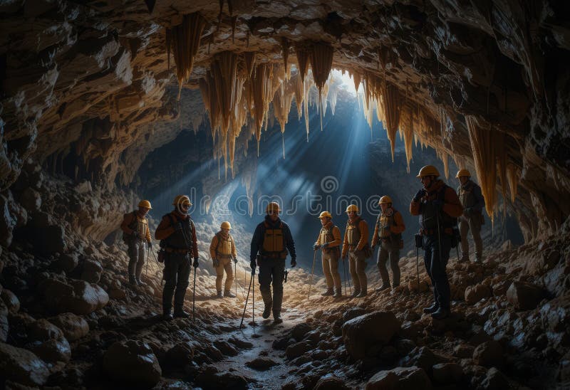 Group of Explorers Admiring a Stunning Cave Formation Stock ...
