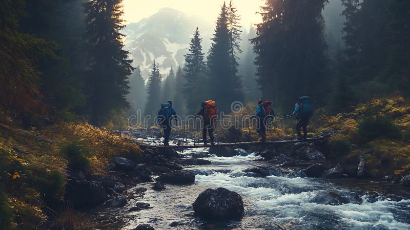 A Group of Explorers Crossing a Mountain Stock Photo - Image of rope ...