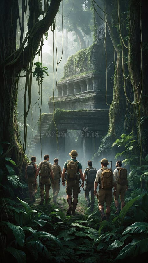 Group of Explorers Journeying through Dense Jungle with Vines and ...