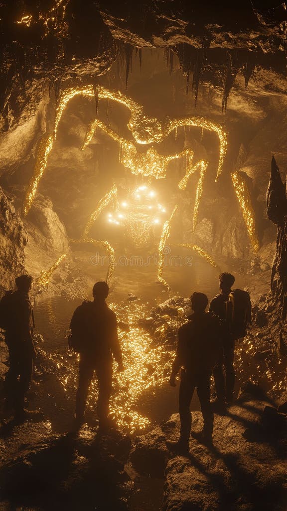 Group of Explorers Marveling at Golden Artifacts in a Hidden Valley ...