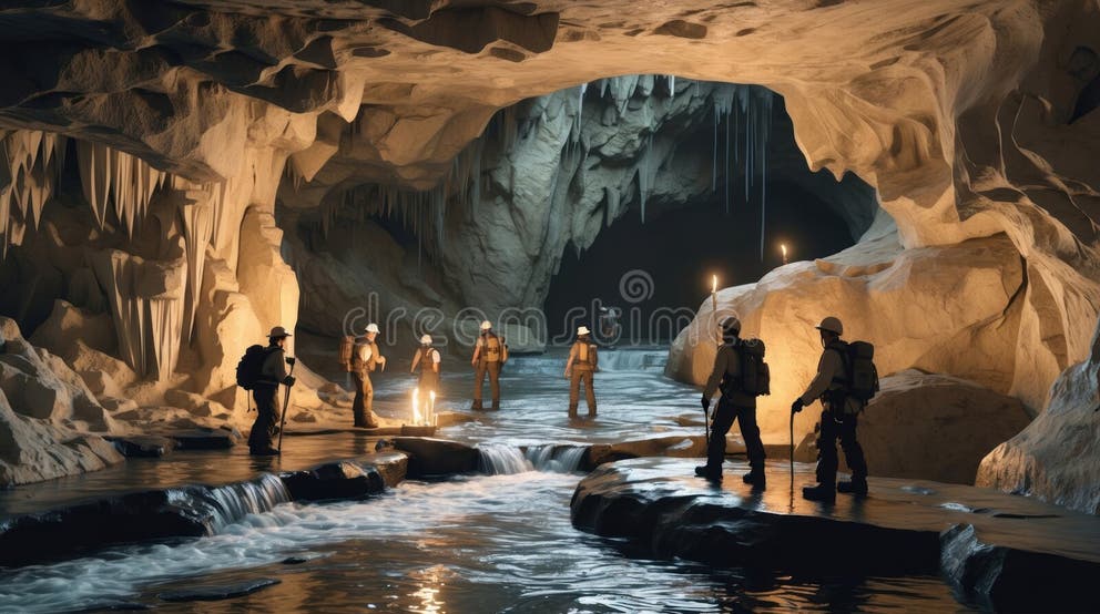 Exploring a Cave System with a Group of Explorers and a Stream Stock ...