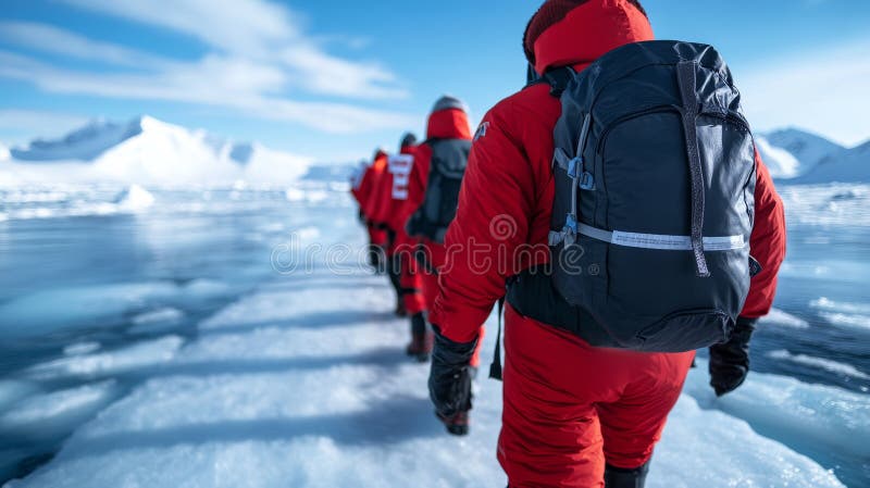 A Group of Explorers Scientists in Red Suits Navigates the Icy Terrain ...