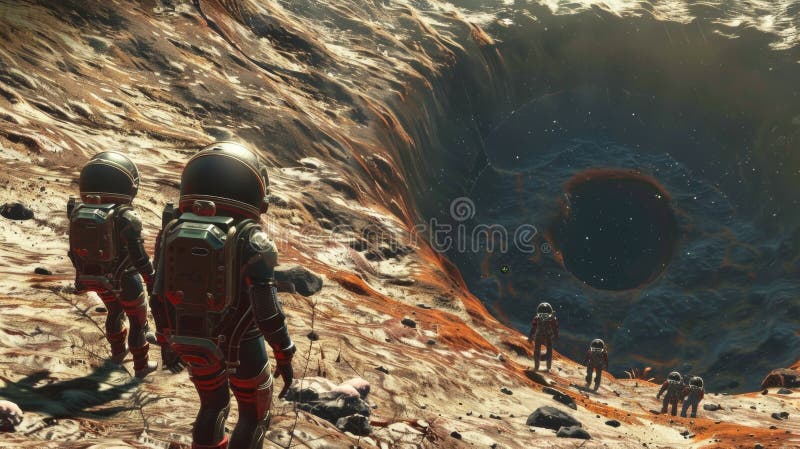 A Group of Explorers Their Backs To the Camera Can Be Seen Traversing a ...