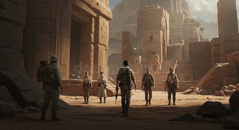 Group Exploring Ancient Ruins in Desert Setting with Dusty Environment ...