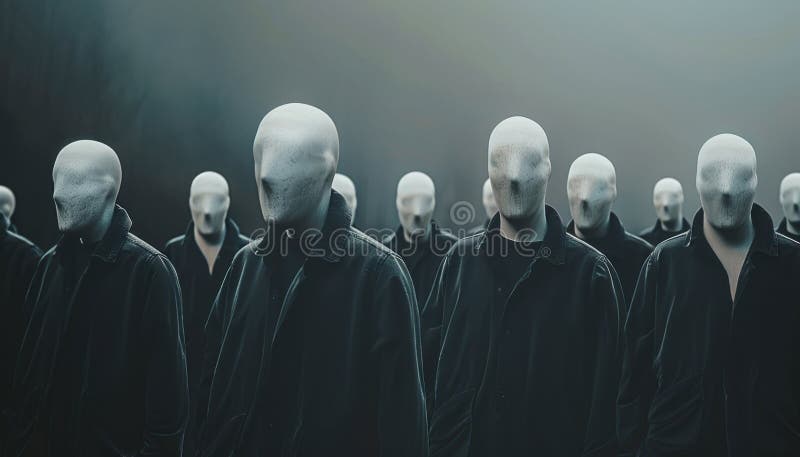 Group of Faceless Figures in Black Clothing Standing in a Dimly Lit ...