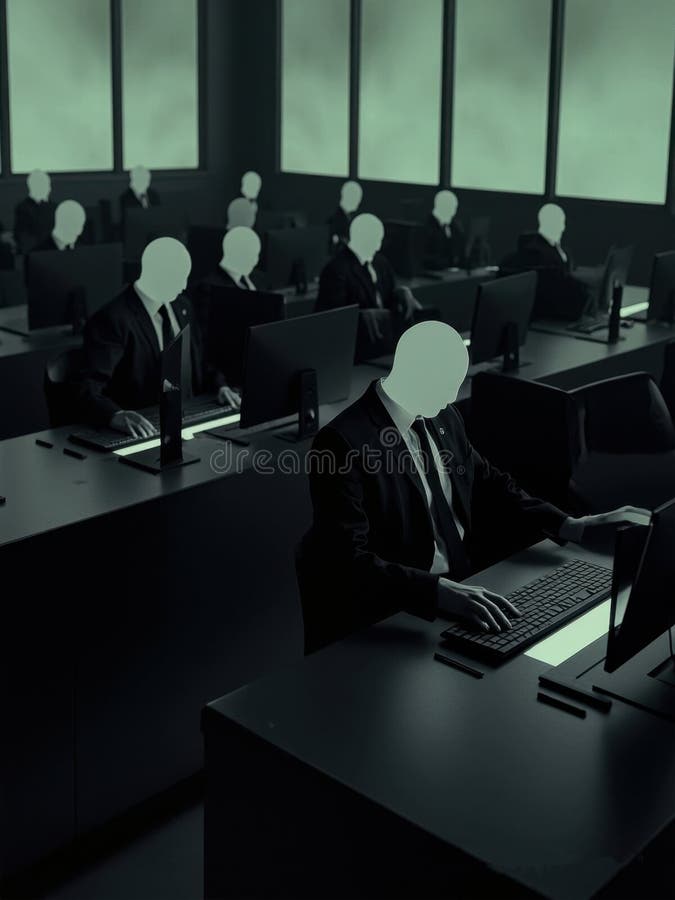 Group of Faceless Individuals Working in a Dark Office Environment on Computers at Night Stock ...