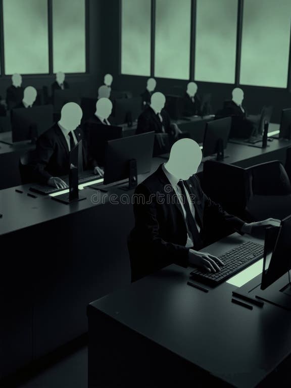Group of Faceless Individuals Working in a Dark Office Environment on ...