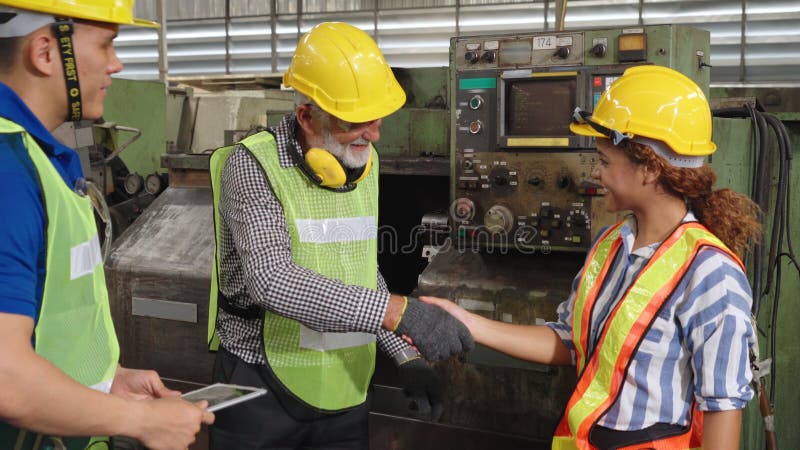 Group of Factory Workers Using Machine Equipment in Factory Workshop ...