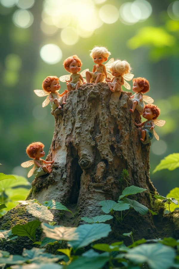 A Group of Fairies Sitting on Top of a Tree Stump Stock Image - Image ...