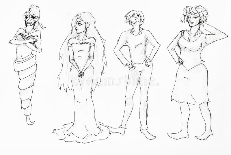 Group of Fancy Human Figures Hand Drawn by Ink Stock Illustration ...