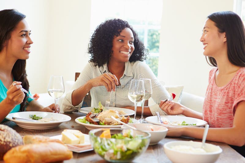 Group of Female Friends Enjoying Meal at Home Stock Image - Image of ...