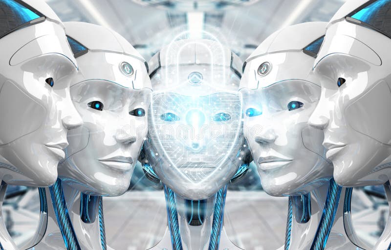Group of Female Robots Heads Using Cyber Security Interface 3d ...
