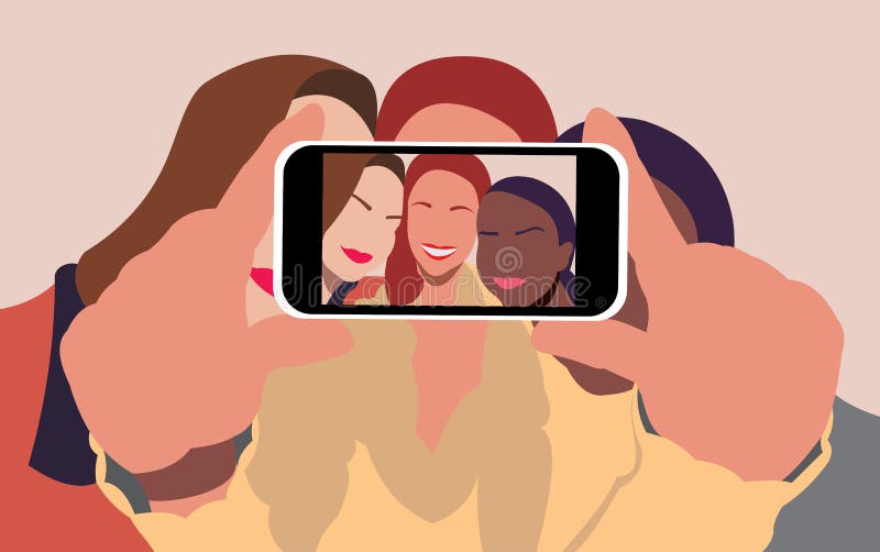 Group of Female Taking Selfie Together Using Smartphone Camera. Stock ...