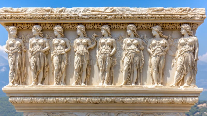 A Group of Fictional Statues on a Stone Base with Mountains in the ...