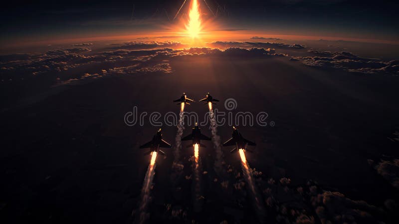A Group of Fighter Jets Flying in Formation at Sunset Stock Image ...