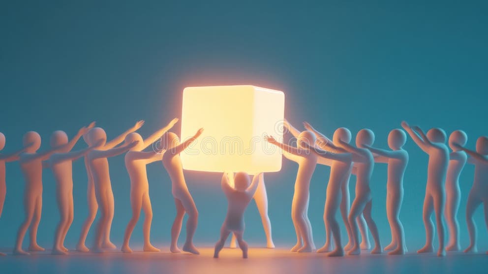 Group of Figures Collaboratively Lifting a Glowing Cube in a Creative ...