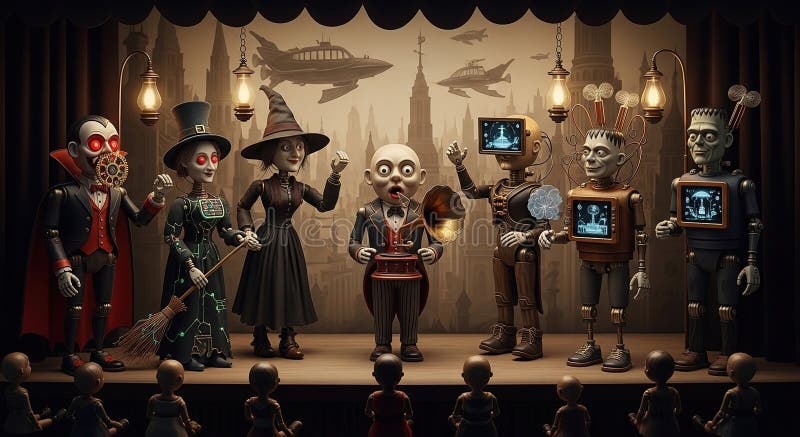 Group of Figures Dressed in Costumes Standing on a Stage with Audience ...