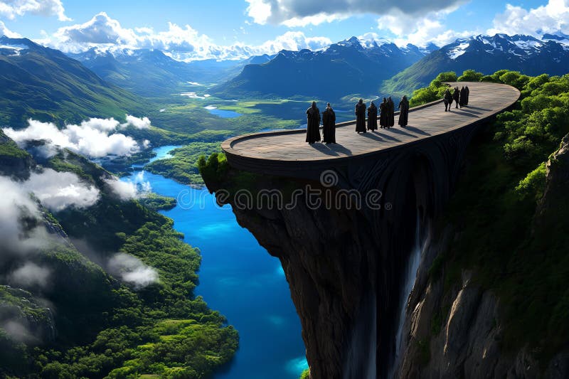 A Group of Figures Stand on a Cliff Overlooking a Breathtaking Valley ...