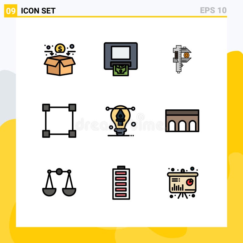 Group of 9 Filledline Flat Colors Signs and Symbols for Designing, Bulb ...