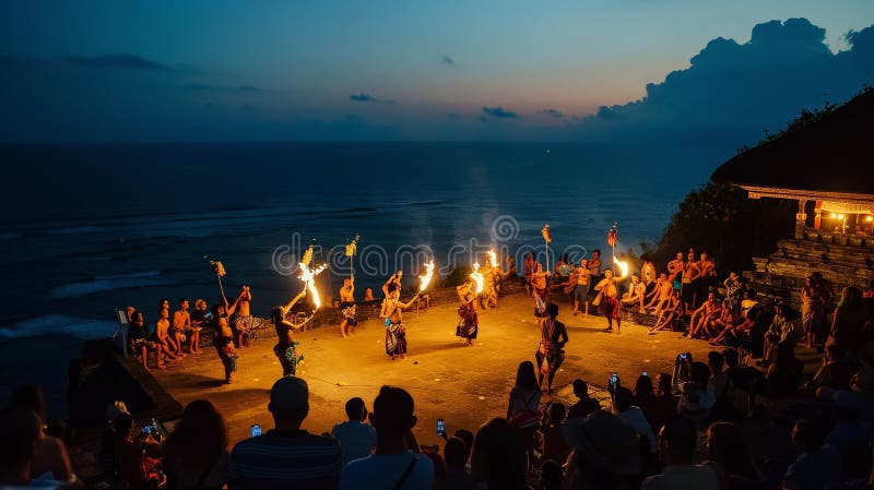 Fire Dancers Perform on Cliffside Stage with Ocean View Stock Photo ...