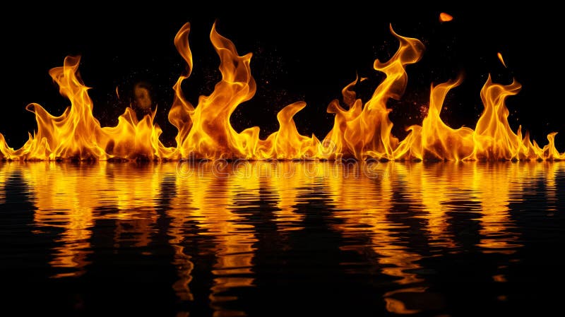 A Group of Fire Flames on a Black Background with Reflection in the ...