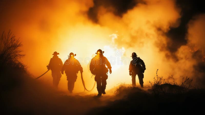 Group of Firefighters Exiting a Burning Building after Extinguishing ...