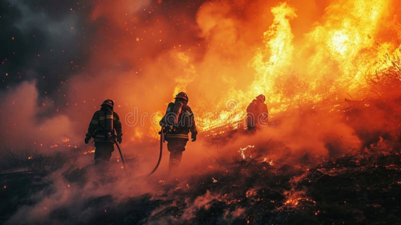 A Group of Firefighters are Fighting a Fire on the Side of a Hill, AI ...