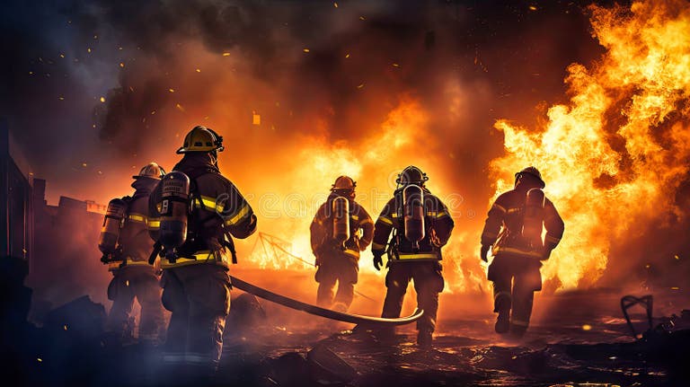 Group of Firefighters Standing in Front of Fire Stock Image - Image of ...