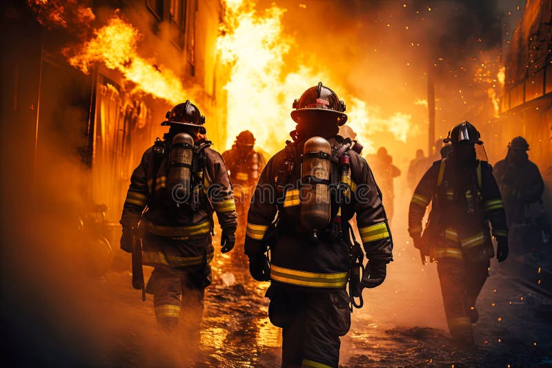 Group of Firefighters Standing in Front of Fire Stock Photo - Image of ...
