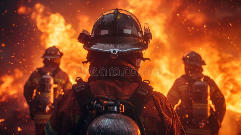 Group of Firefighters Standing in Front of a Fire Stock Photo - Image ...