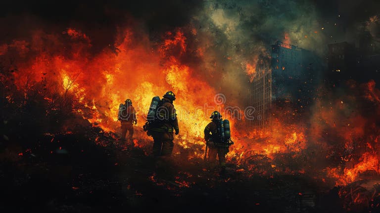 Group of Firefighters Standing Together in Front of a Large Fire Scene ...