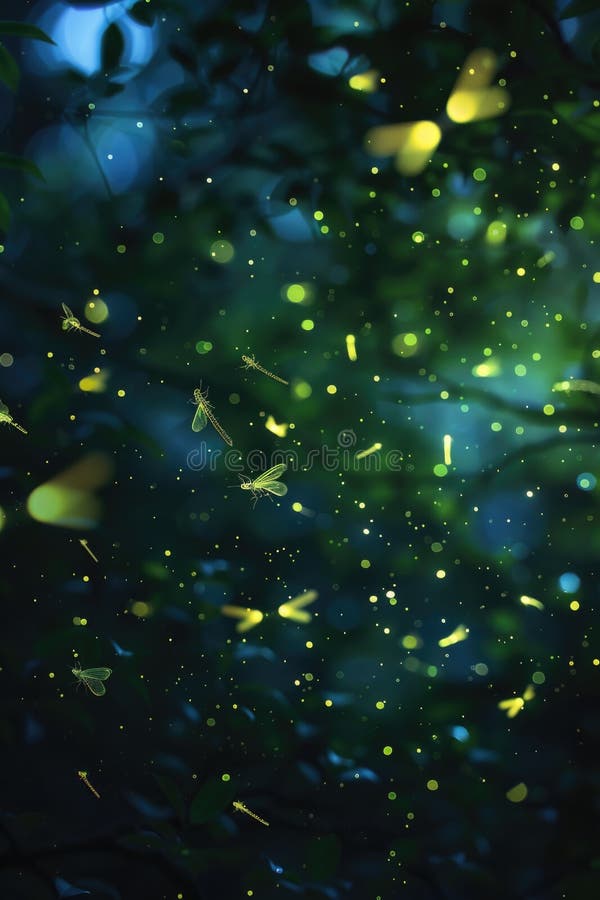 Group of Fireflies Flying through a Forest, Suitable for Nature-themed ...