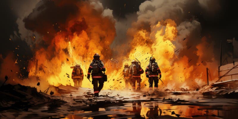 A Group of Firemen Standing in Front of a Fire. AI. Stock Illustration ...