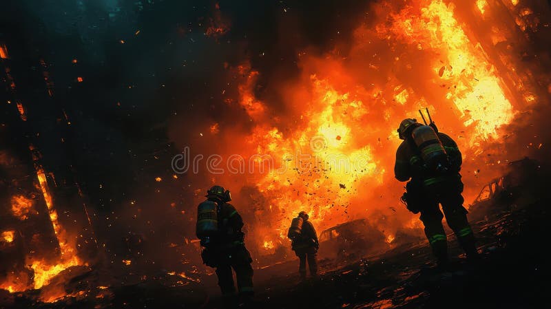 Group of Firemen in Uniforms Standing Together in Front of a Large Fire ...