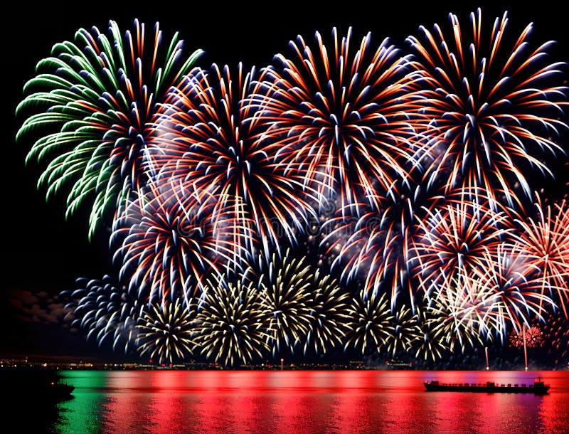 A Group of Fireworks Exploding in the Sky Over a Body of Water. Stock ...