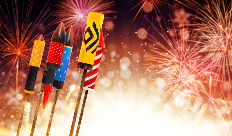 Group of Fireworks Rockets Launching into the Sky Stock Illustration ...