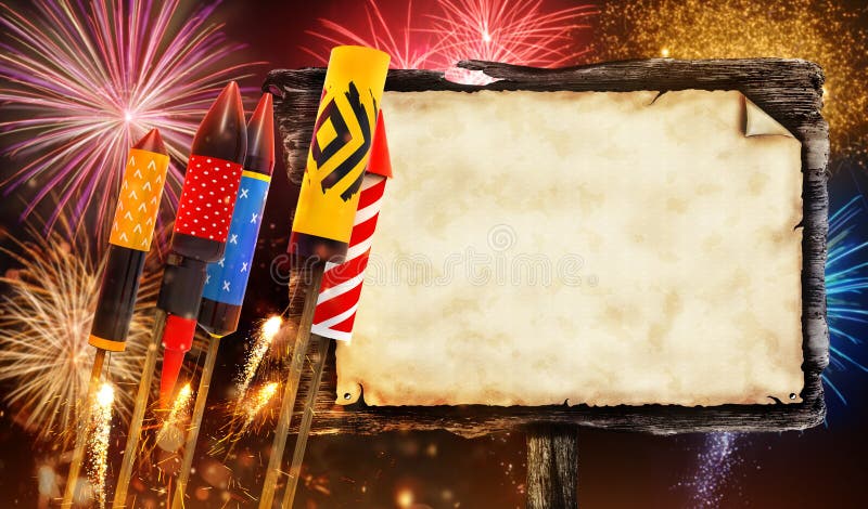 Group of Fireworks Rockets Launchingwith Wooden Board Stock ...