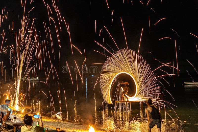 Group of Fireworks in the Sky. Fire Show, Fire with Exposure Editorial ...