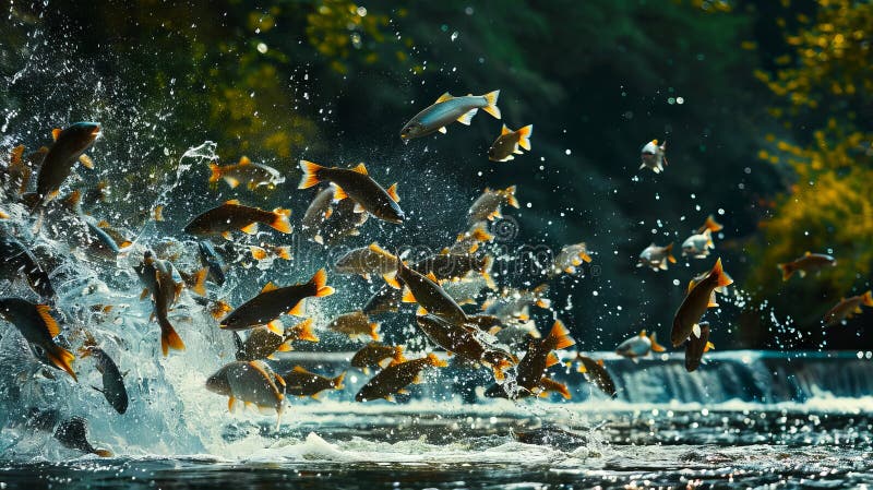 A Group of Fish Jumping Out of a River Stock Image - Image of fish ...