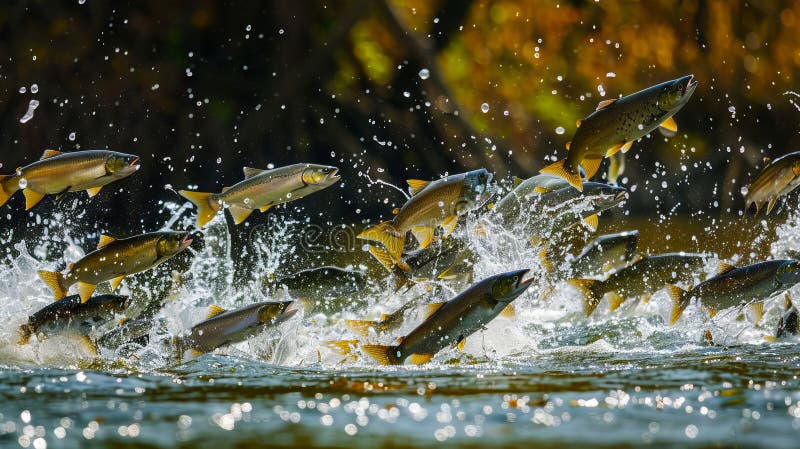 A Group of Fish Jumping Out of the Water Stock Photo - Image of salmon ...