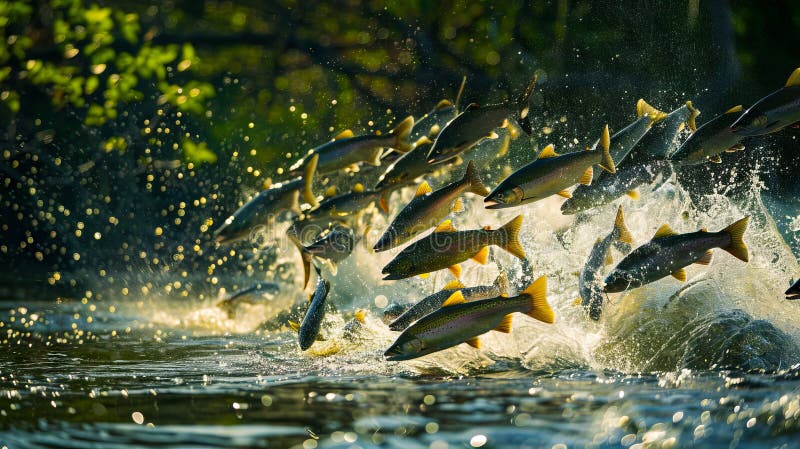 A Group of Fish Jumping Out of the Water Stock Photo - Image of jumping ...