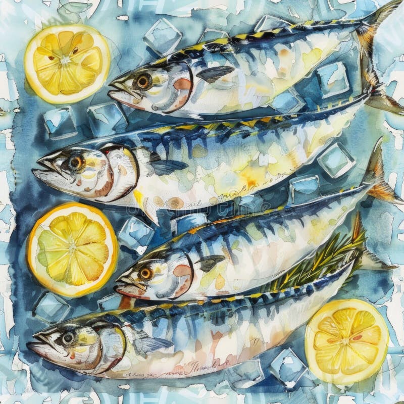 A Group of Fish with Lemon Slices, Perfect for Seafood Menus Stock ...