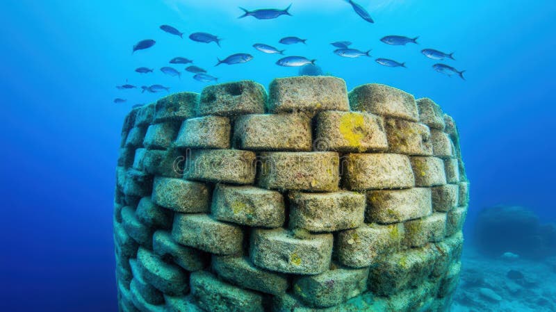 A Group of Fish Swim Around a Large Stone Structure, AI Stock Photo ...